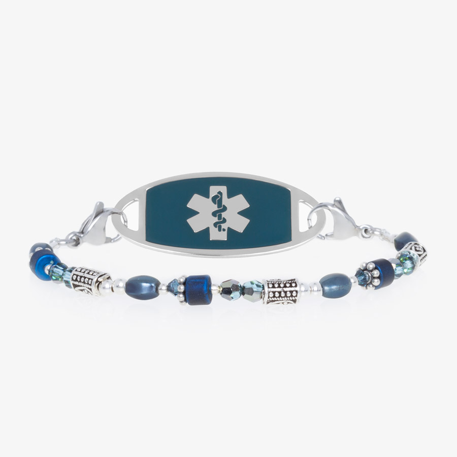 Blue and Silver Beaded Stretch Med Alert Bracelet