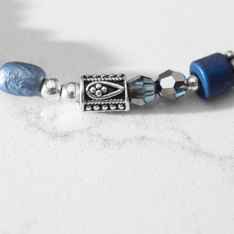 Blue and Silver Beaded Stretch Med Alert Bracelet