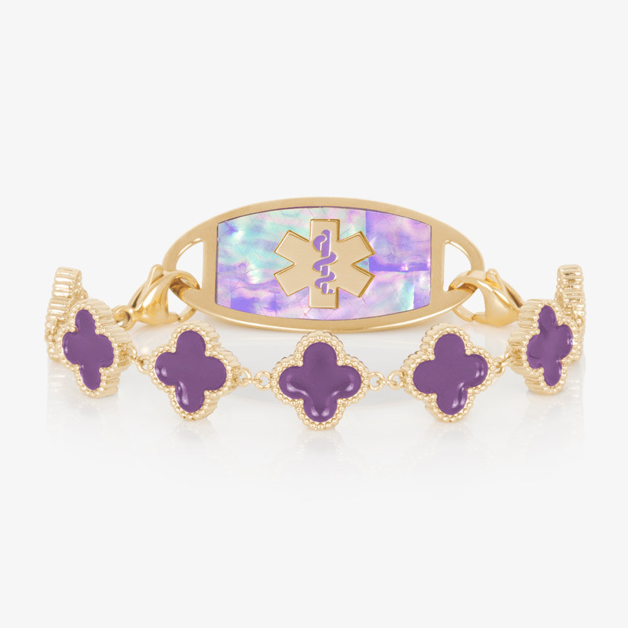 Clover Medic Alert Bracelet in Purple and 12k Gold Plate