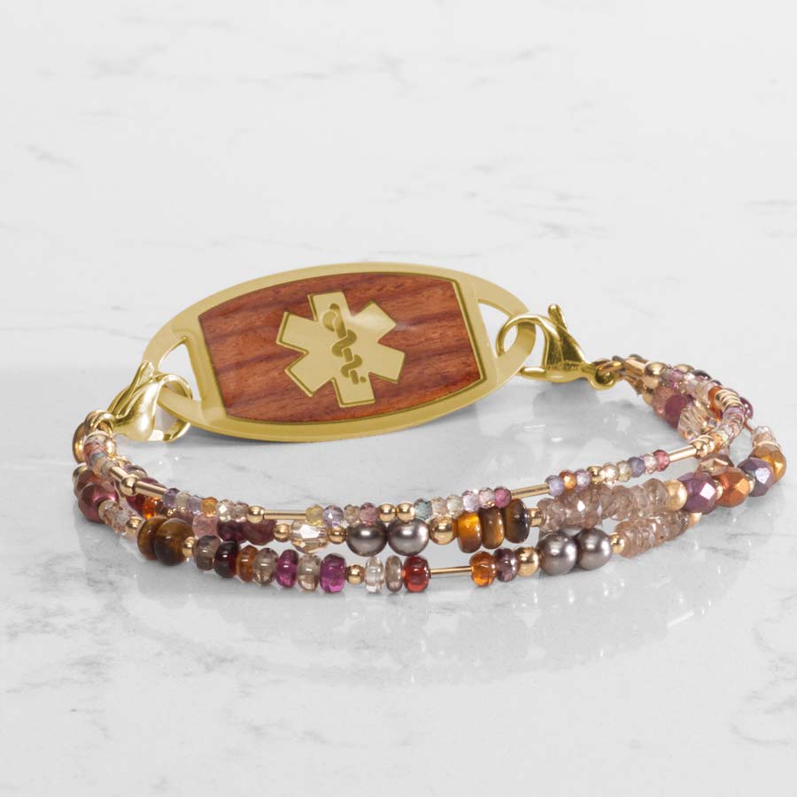 Fawn Faceted Gemstones and Gold Beaded Medical ID Bracelet